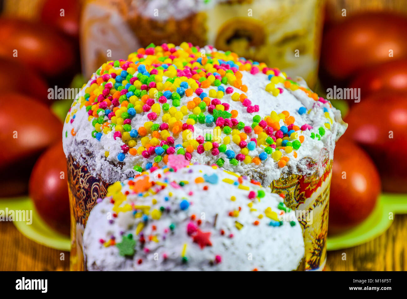 Easter cake and painted red Easter eggs. Food for the Easter table ...