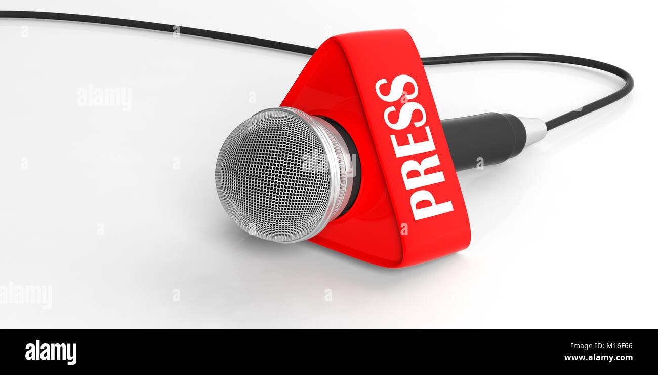 Press concept. Cable microphone with red press box isolated on white ...