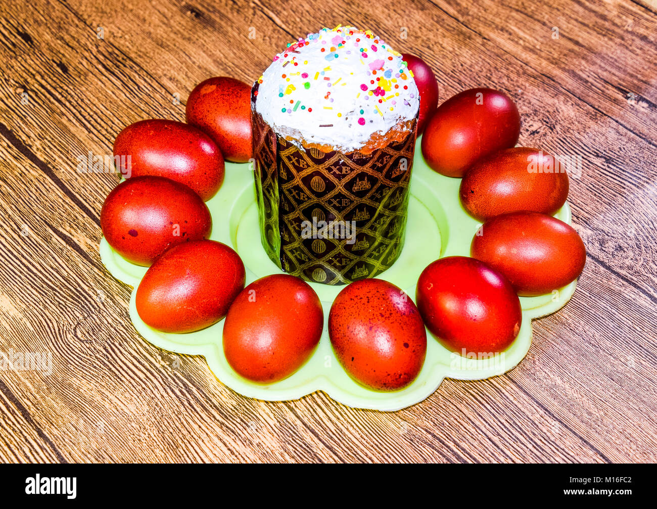 Easter cake and painted red Easter eggs. Food for the Easter table ...