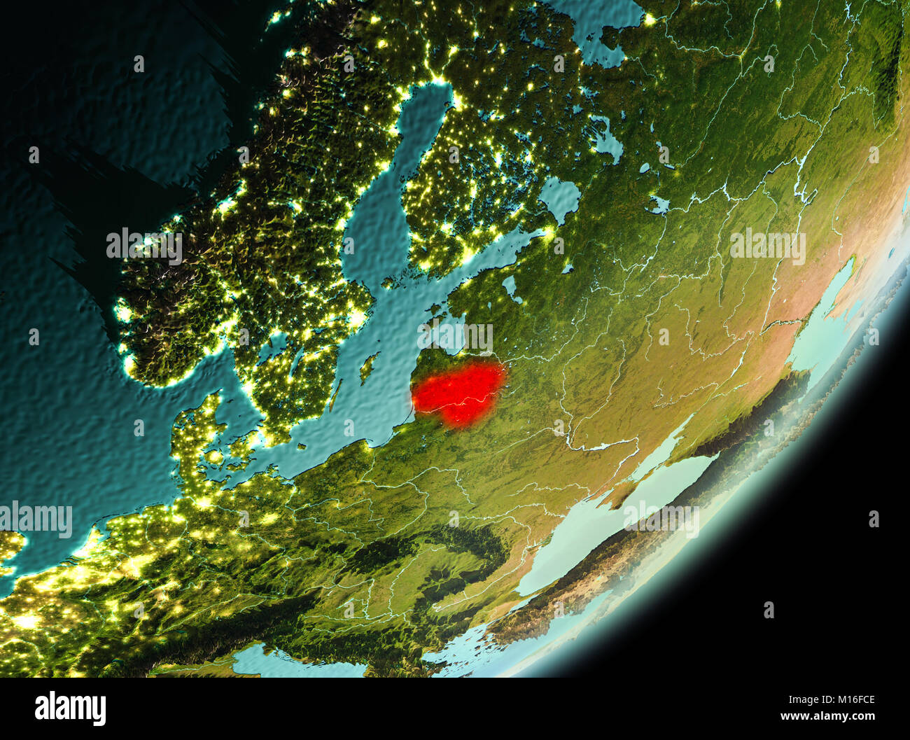 Lithuania in the morning highlighted in red on planet Earth. 3D illustration. Elements of this ...