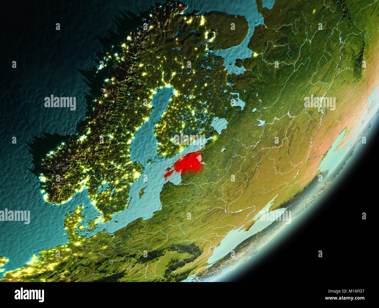 Estonia in the morning highlighted in red on planet Earth. 3D illustration. Elements of this ...