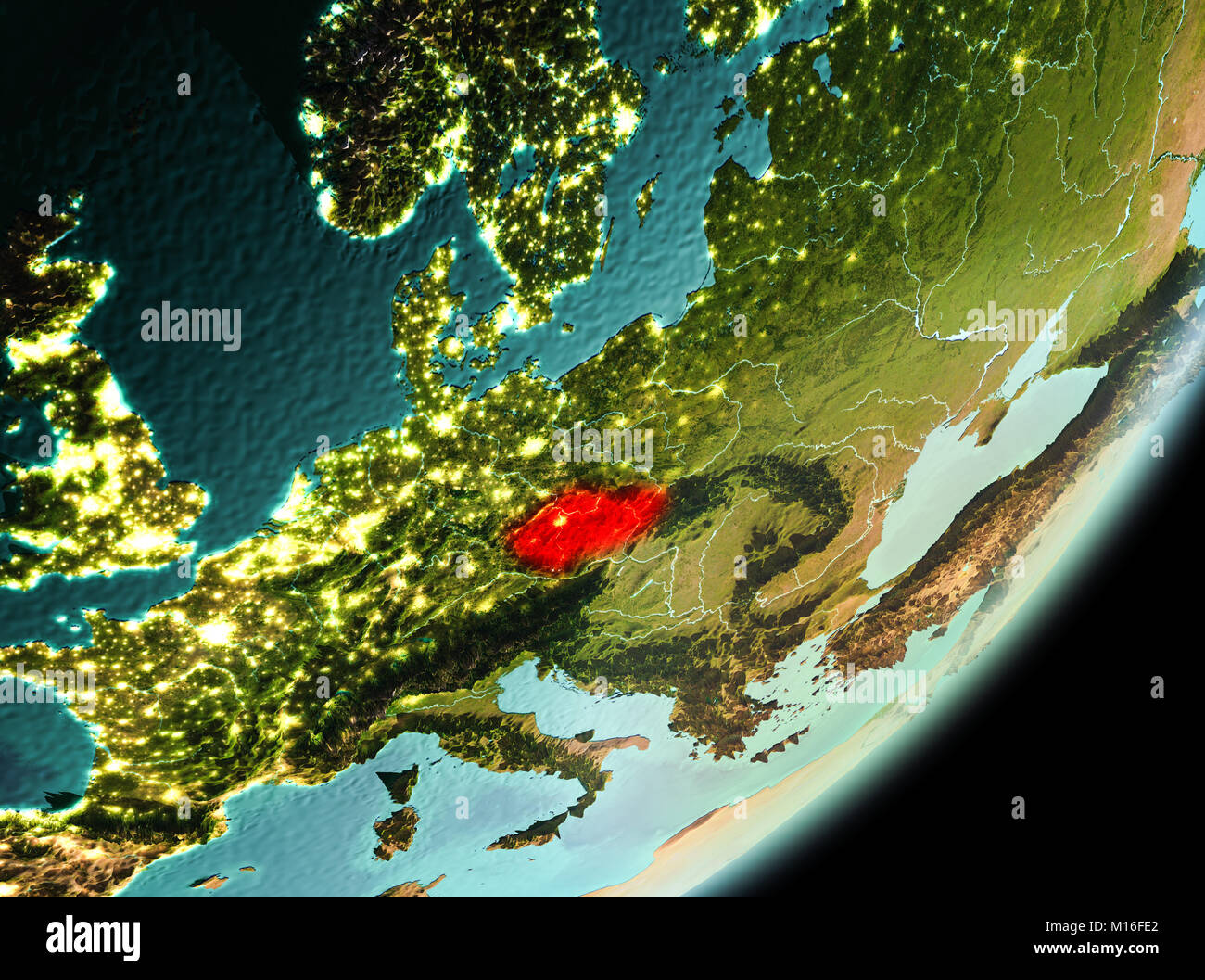 Czech republic in the morning highlighted in red on planet Earth. 3D illustration. Elements of ...