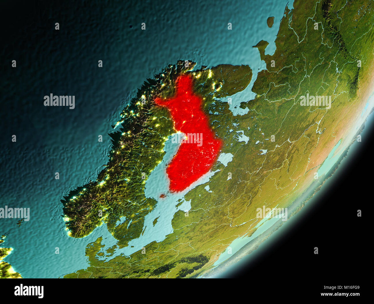 Finland in the morning highlighted in red on planet Earth. 3D ...