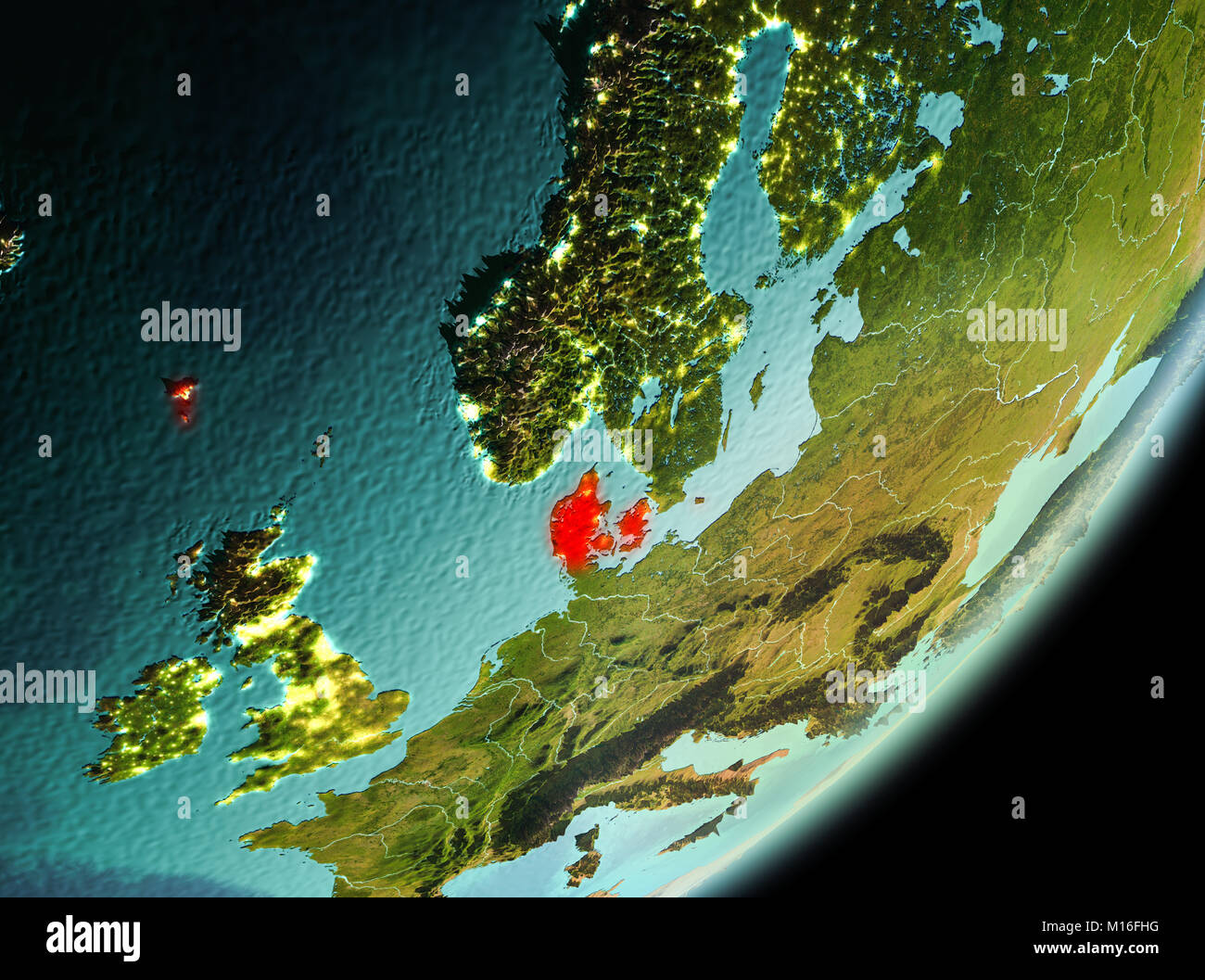 Denmark in the morning highlighted in red on planet Earth. 3D illustration. Elements of this ...