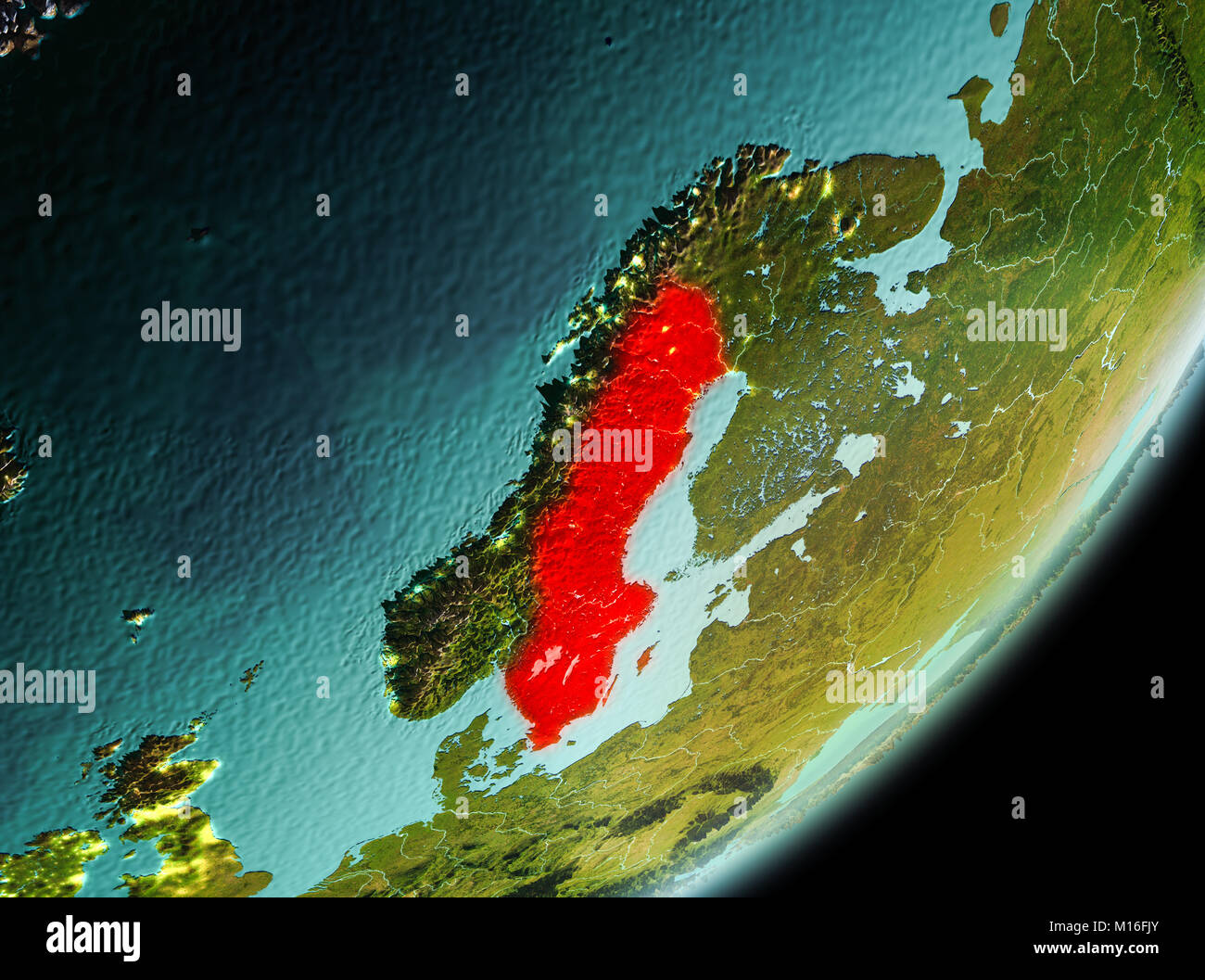 Sweden in the morning highlighted in red on planet Earth. 3D illustration. Elements of this ...