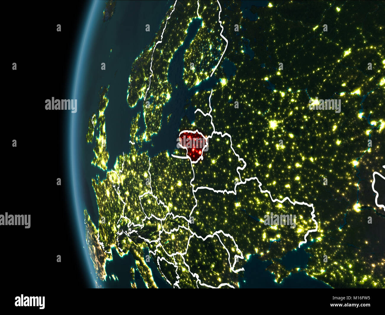 Orbit view of Lithuania highlighted in red with visible borderlines and city lights on planet ...