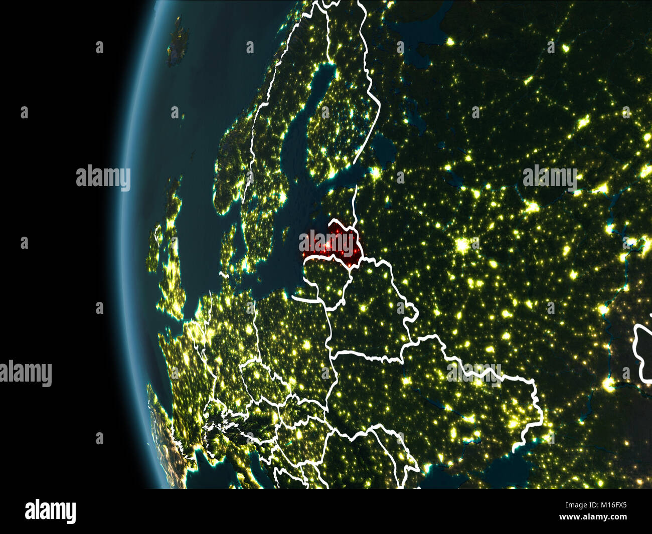 Orbit view of Latvia highlighted in red with visible borderlines and city lights on planet Earth ...