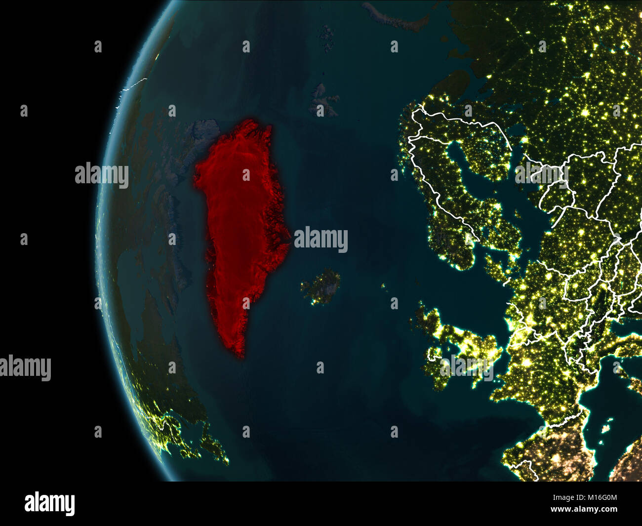 Orbit view of Greenland highlighted in red with visible borderlines and city lights on planet ...