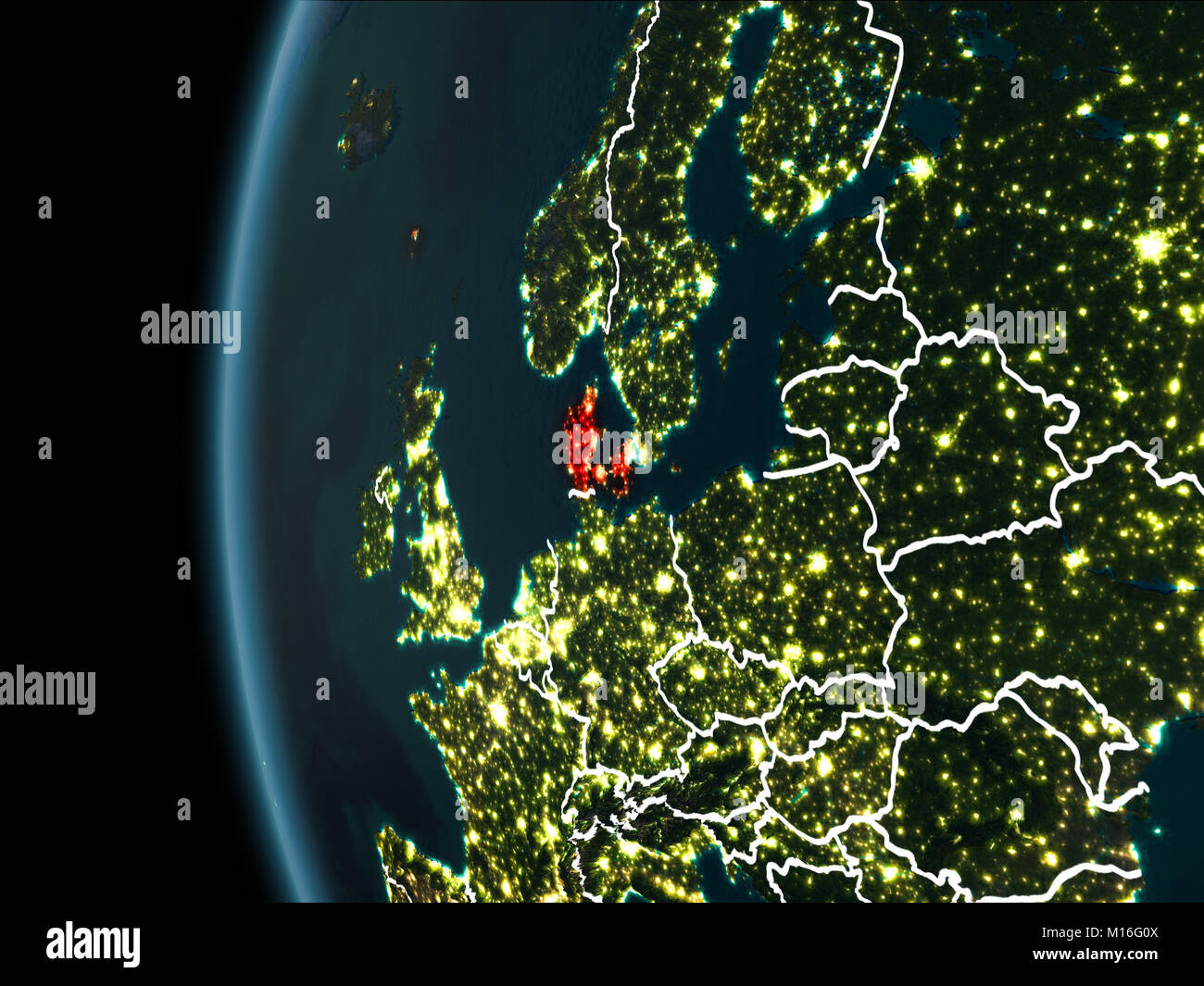 Orbit view of Denmark highlighted in red with visible borderlines and city lights on planet ...