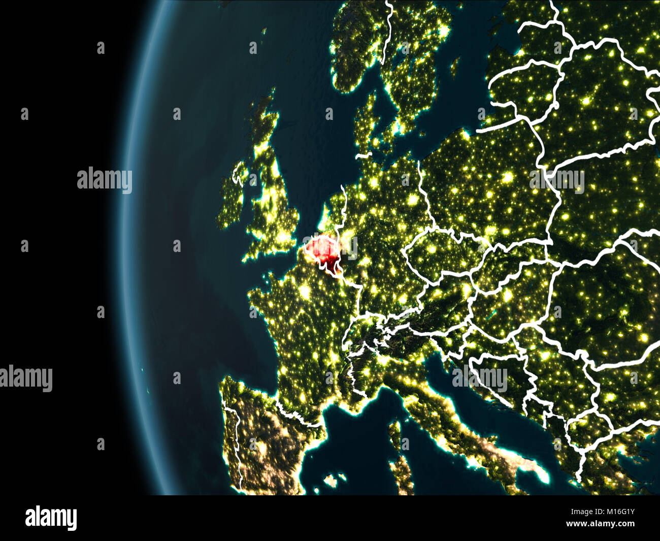 Orbit view of Belgium highlighted in red with visible borderlines and city lights on planet ...