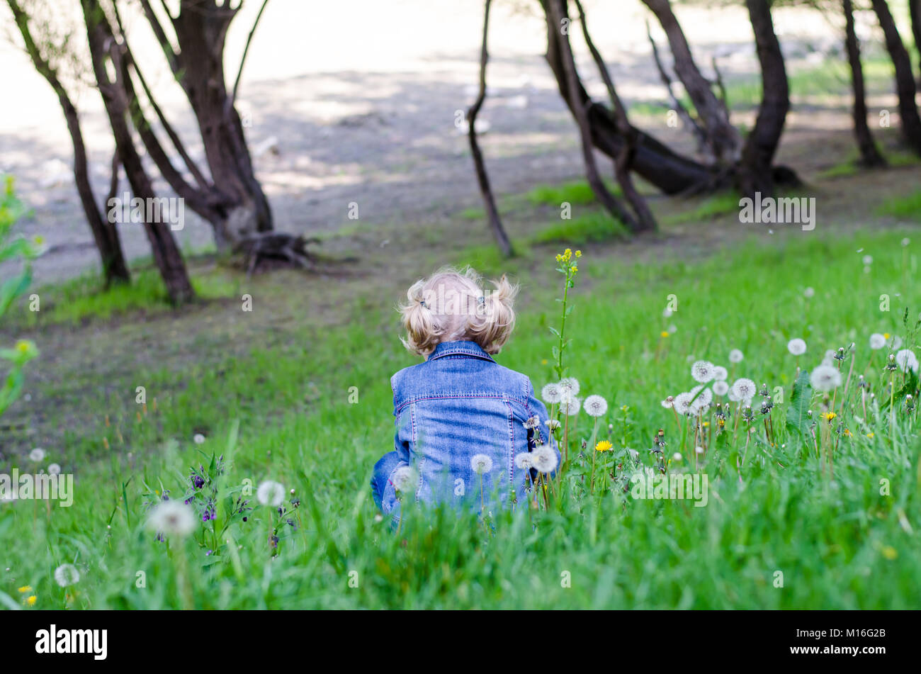 rear view of blond girl in green meadow Stock Photo - Alamy