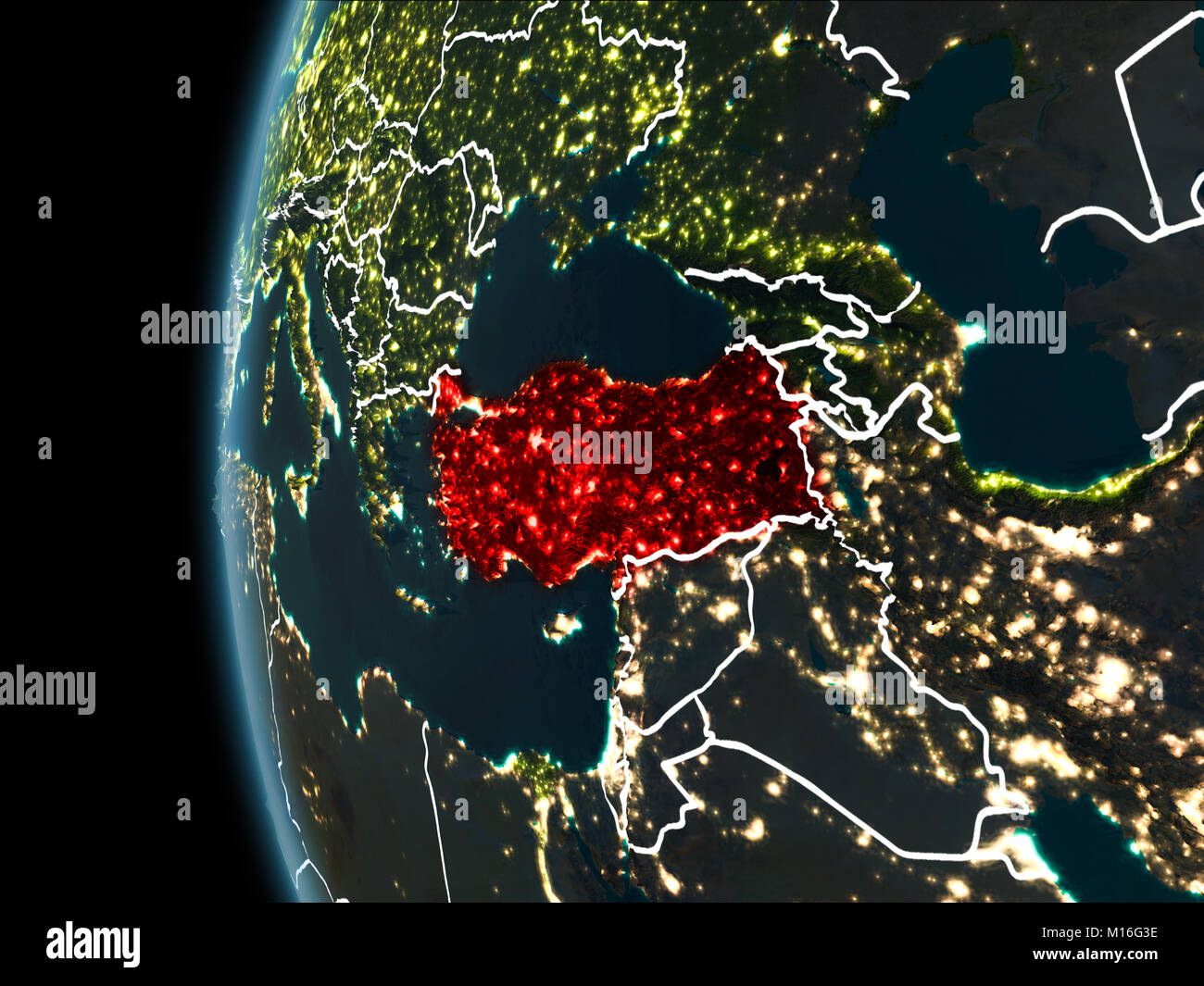 Orbit view of Turkey highlighted in red with visible borderlines and ...