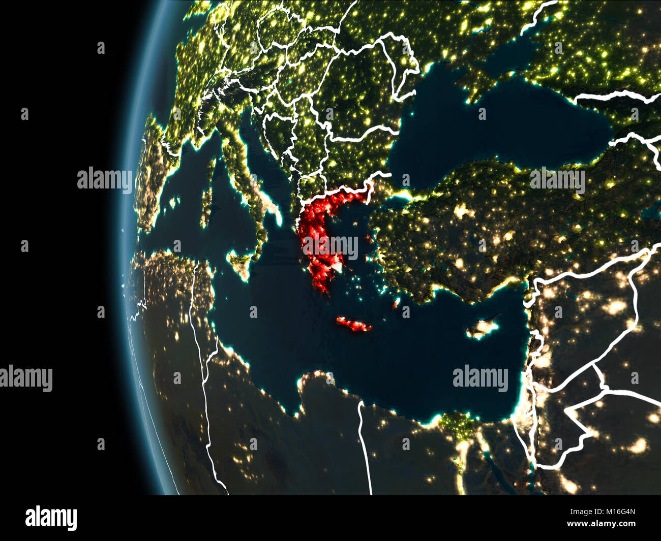 Orbit view of Greece highlighted in red with visible borderlines and ...