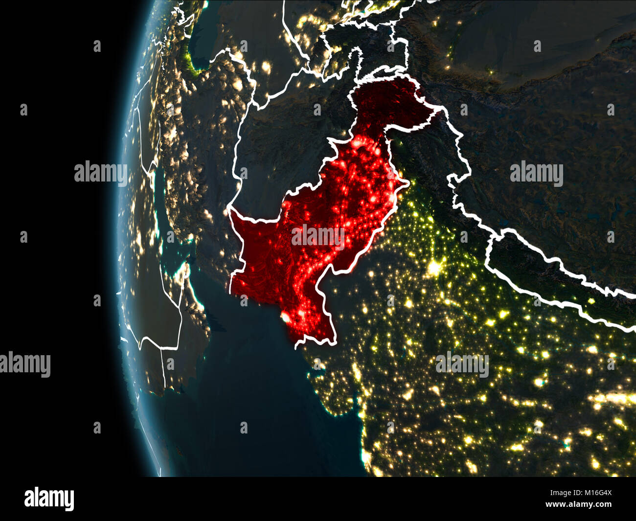 Orbit view of Pakistan highlighted in red with visible borderlines and city lights on planet ...