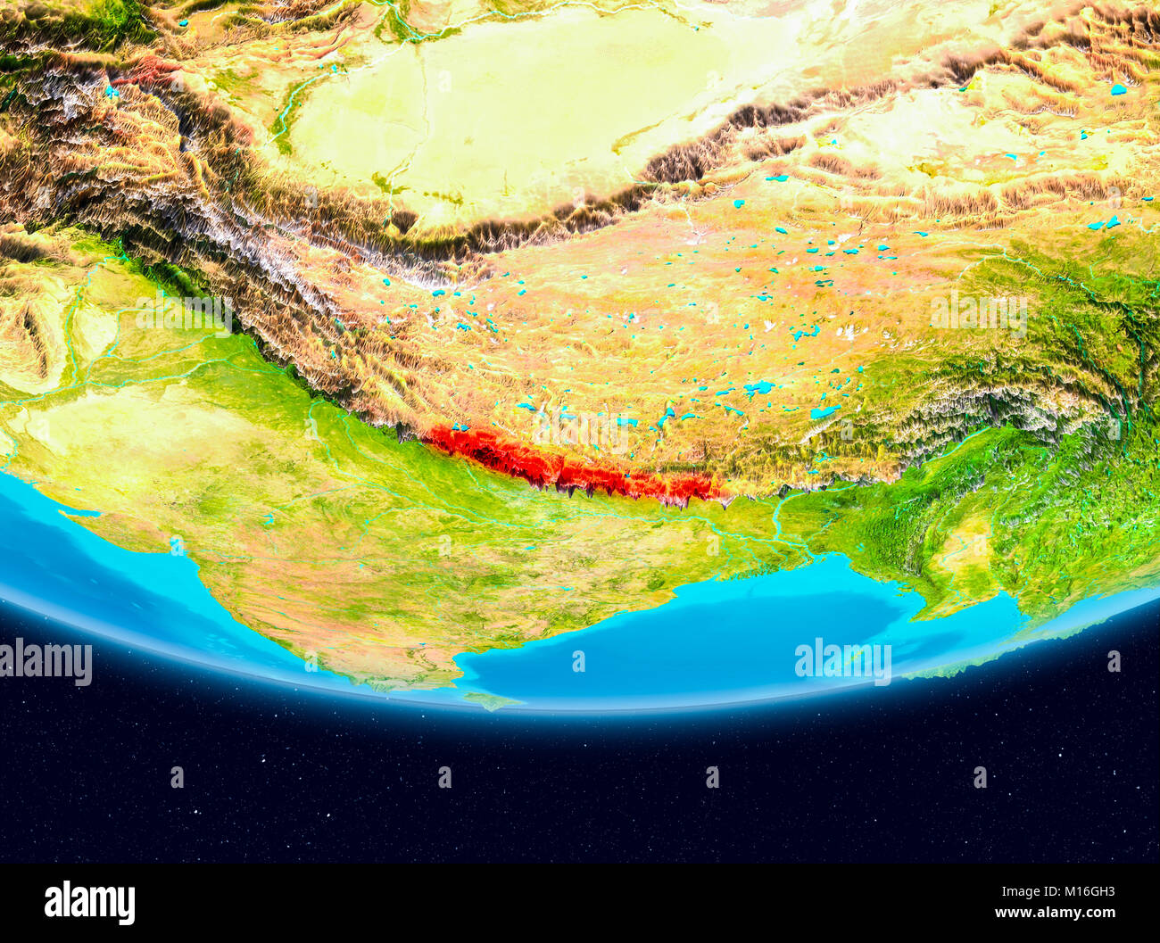 Nepal from orbit of planet Earth. 3D illustration. Elements of this ...