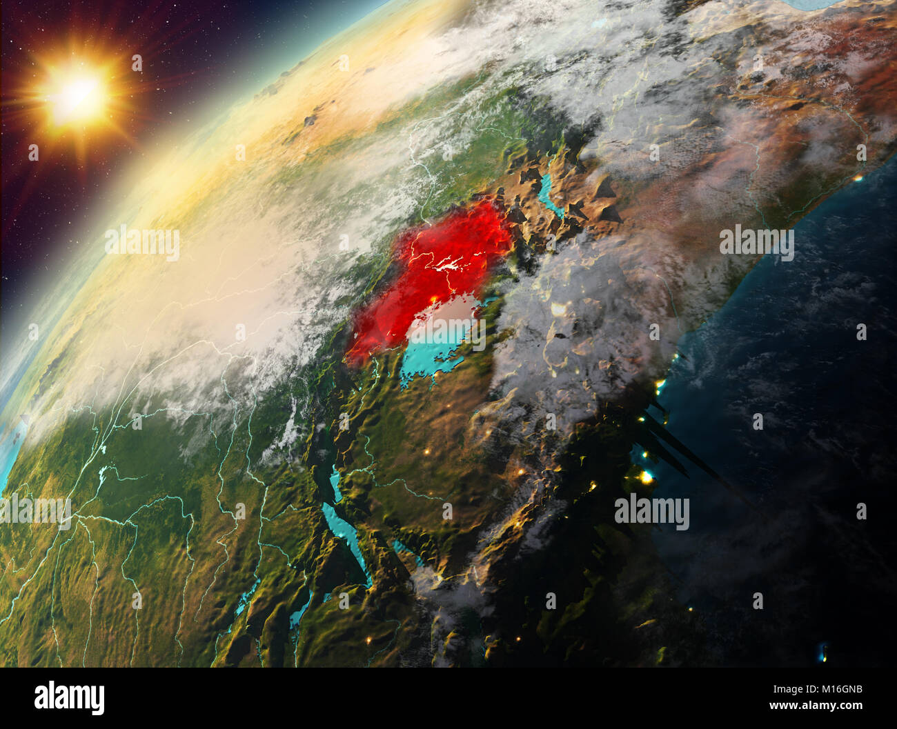 Illustration of Uganda as seen from Earth’s orbit during sunset. 3D ...