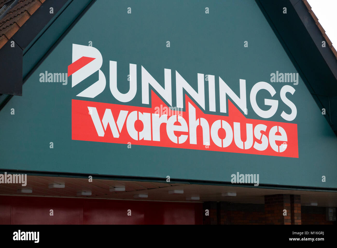 General exterior view with logo outside a new UK Bunnings Warehouse DIY ...