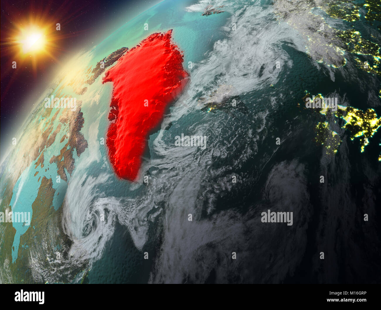 Illustration of Greenland as seen from Earth’s orbit during sunset. 3D ...