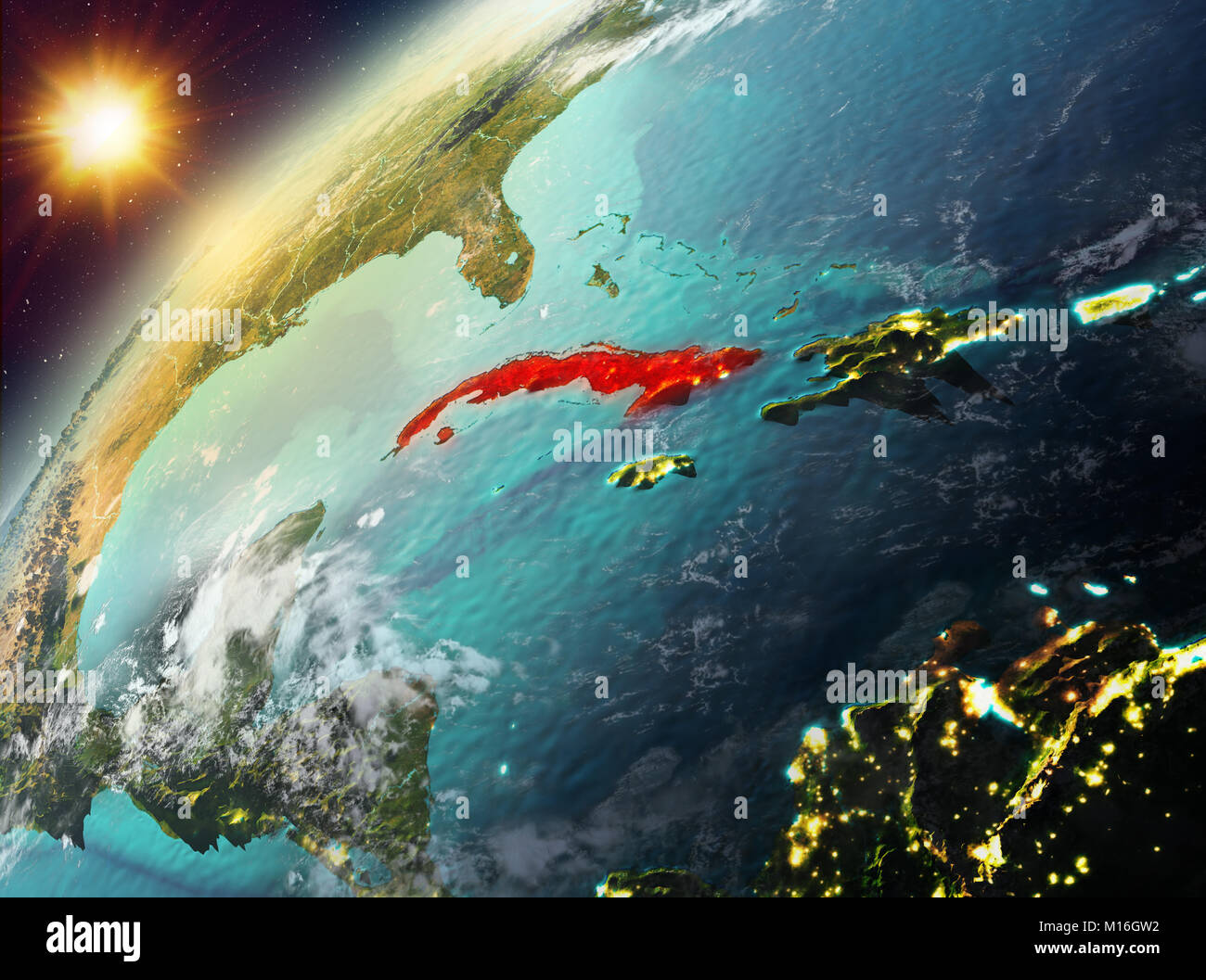 Illustration of Cuba as seen from Earth’s orbit during sunset. 3D ...