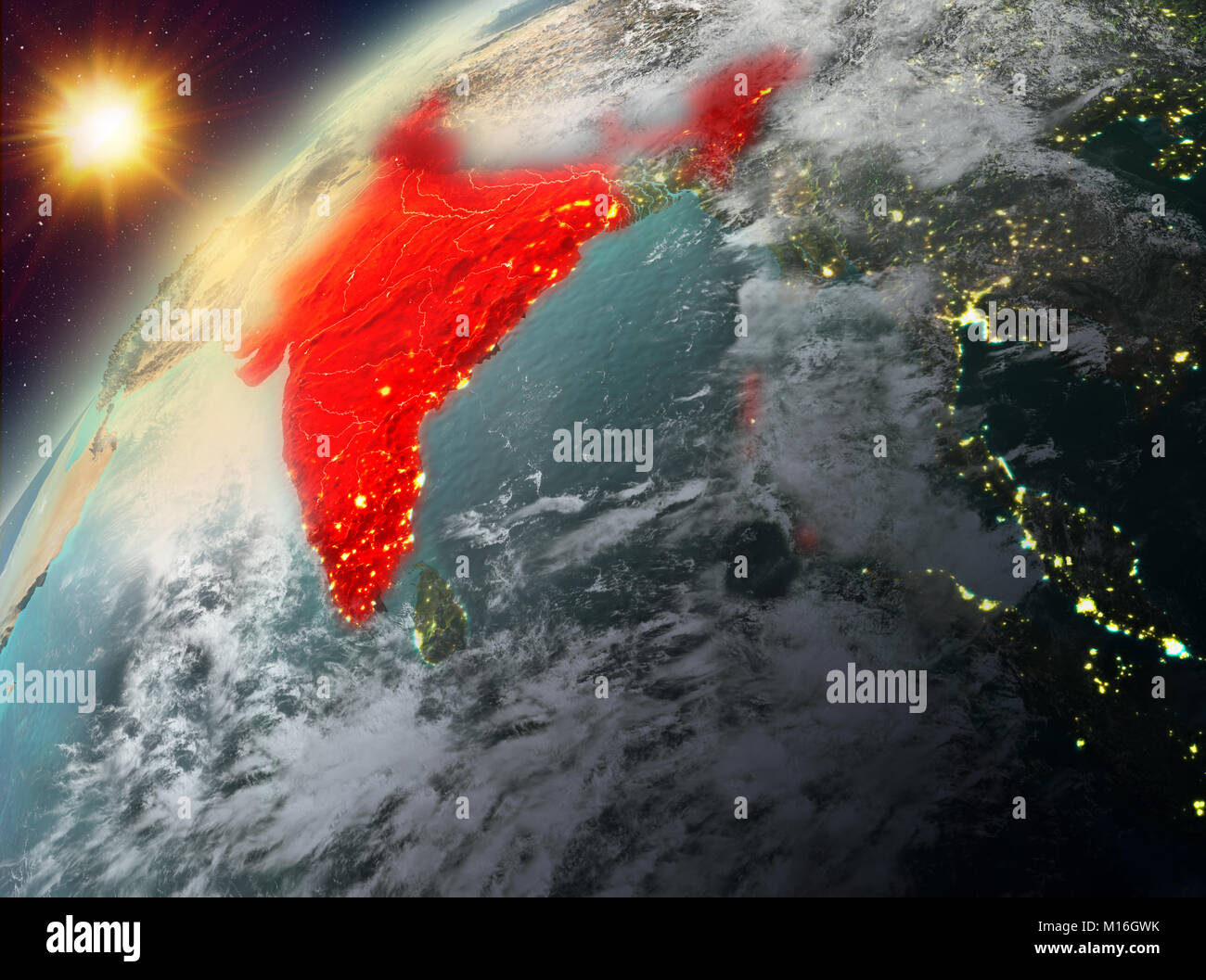 Illustration of India as seen from Earth’s orbit during sunset. 3D ...