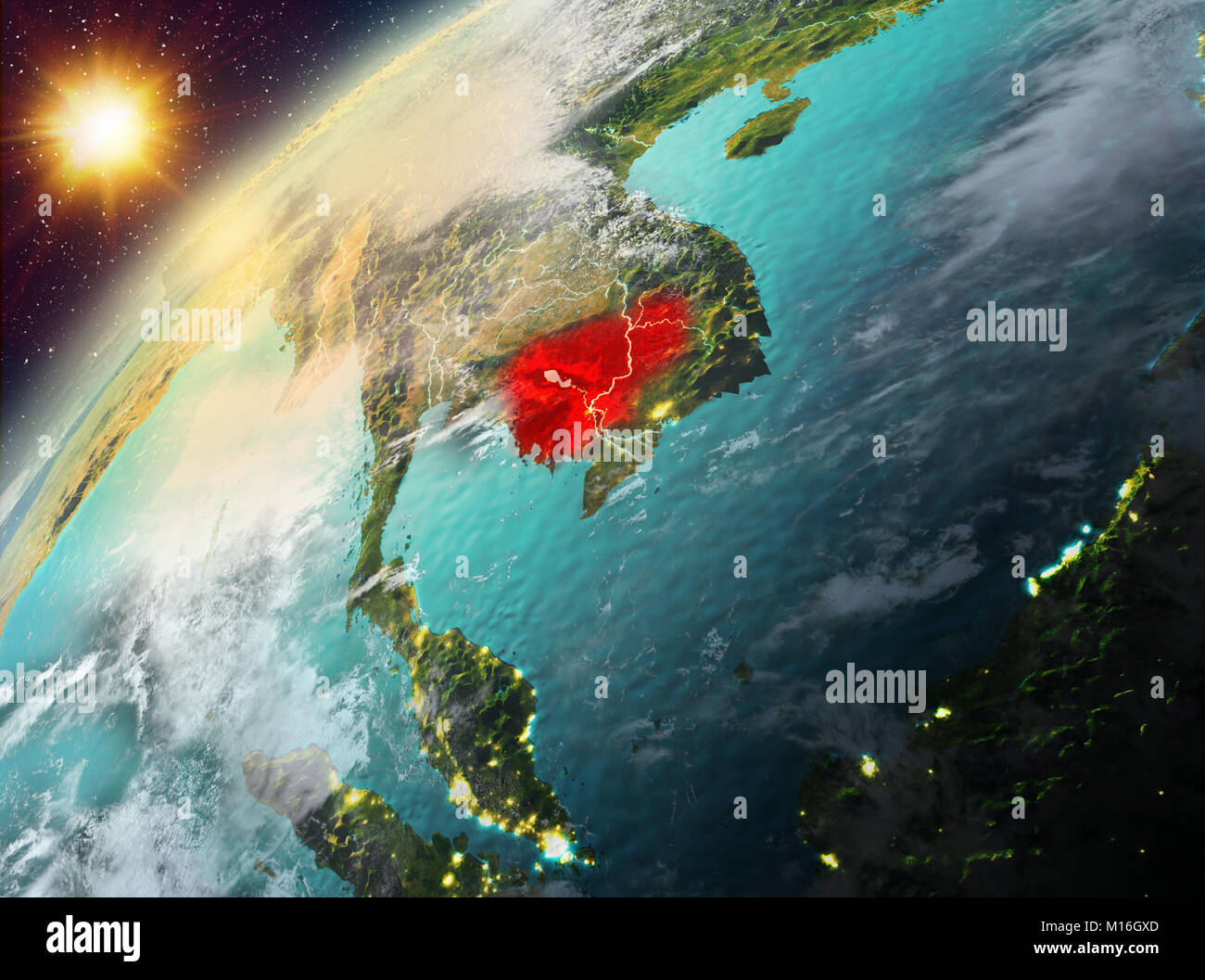 Illustration of Cambodia as seen from Earth’s orbit during sunset. 3D ...