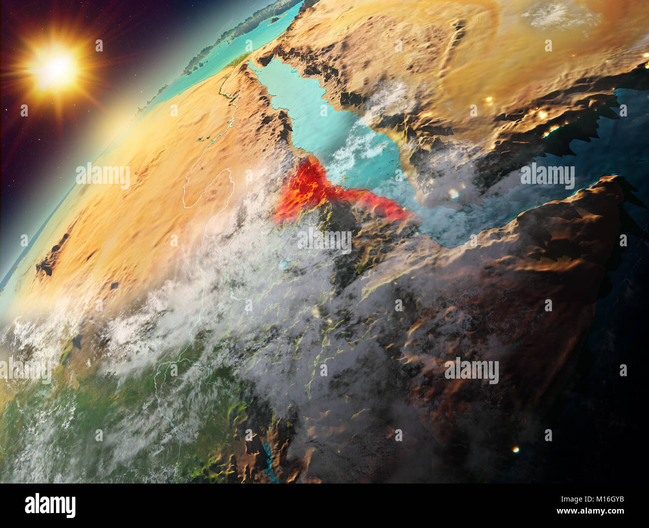 Illustration of Eritrea as seen from Earth’s orbit during sunset. 3D ...