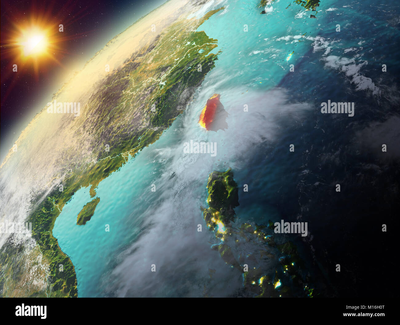 Illustration of Taiwan as seen from Earth’s orbit during sunset. 3D ...