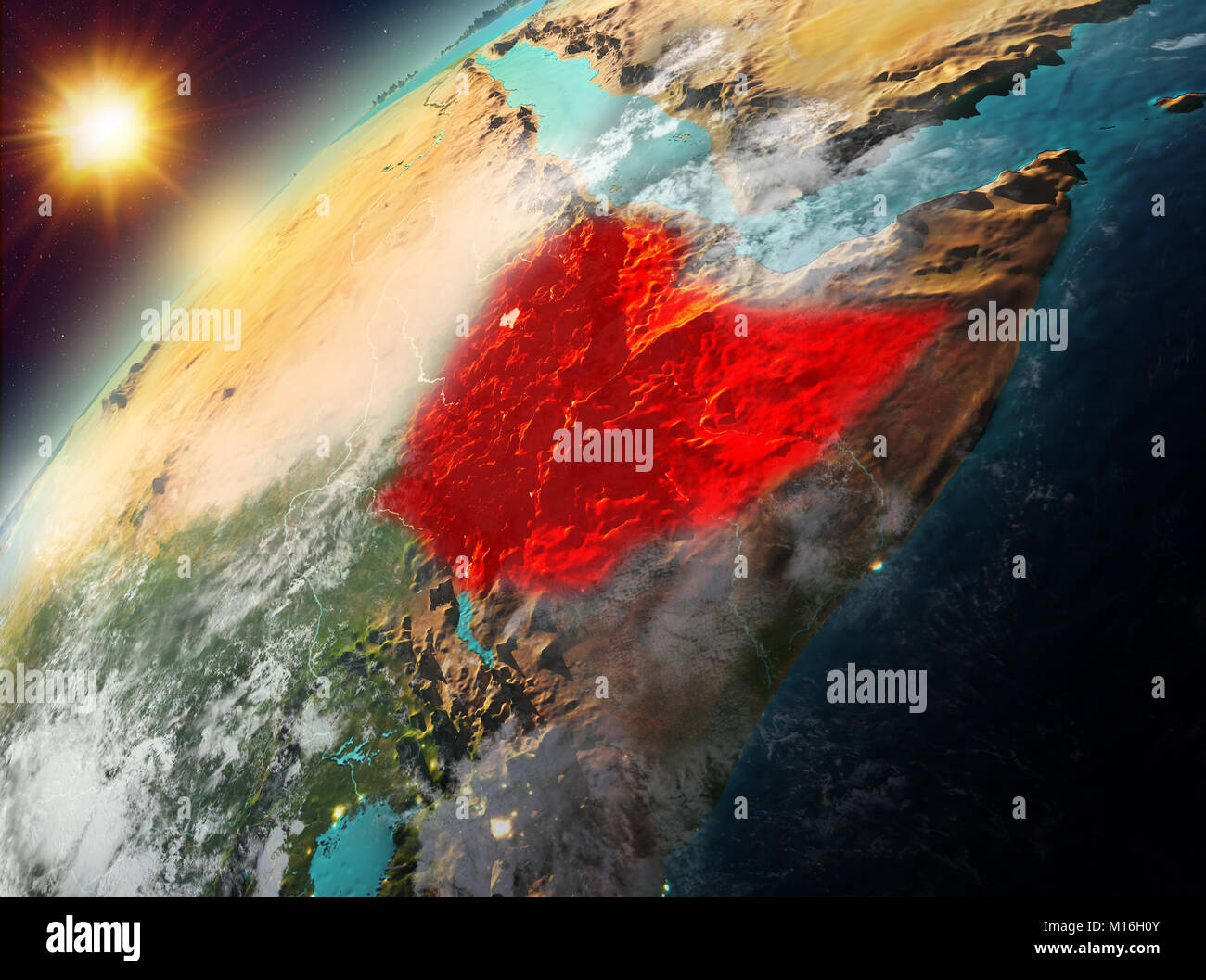 Illustration of Ethiopia as seen from Earth’s orbit during sunset. 3D ...