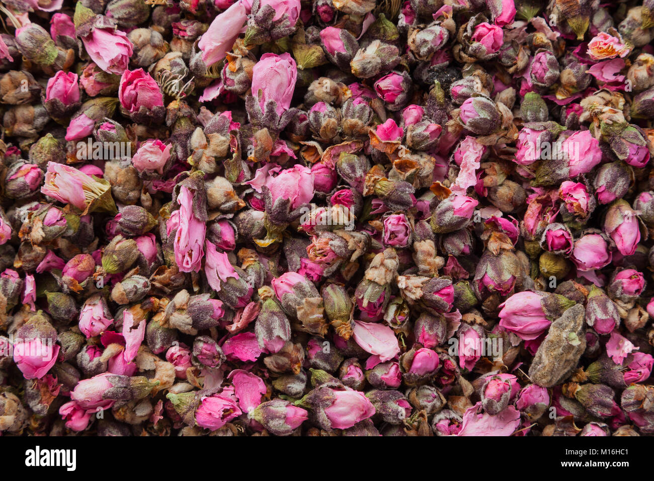 Tea flowers texture. Peach blossom tea with lemon. Organic dried flower ...