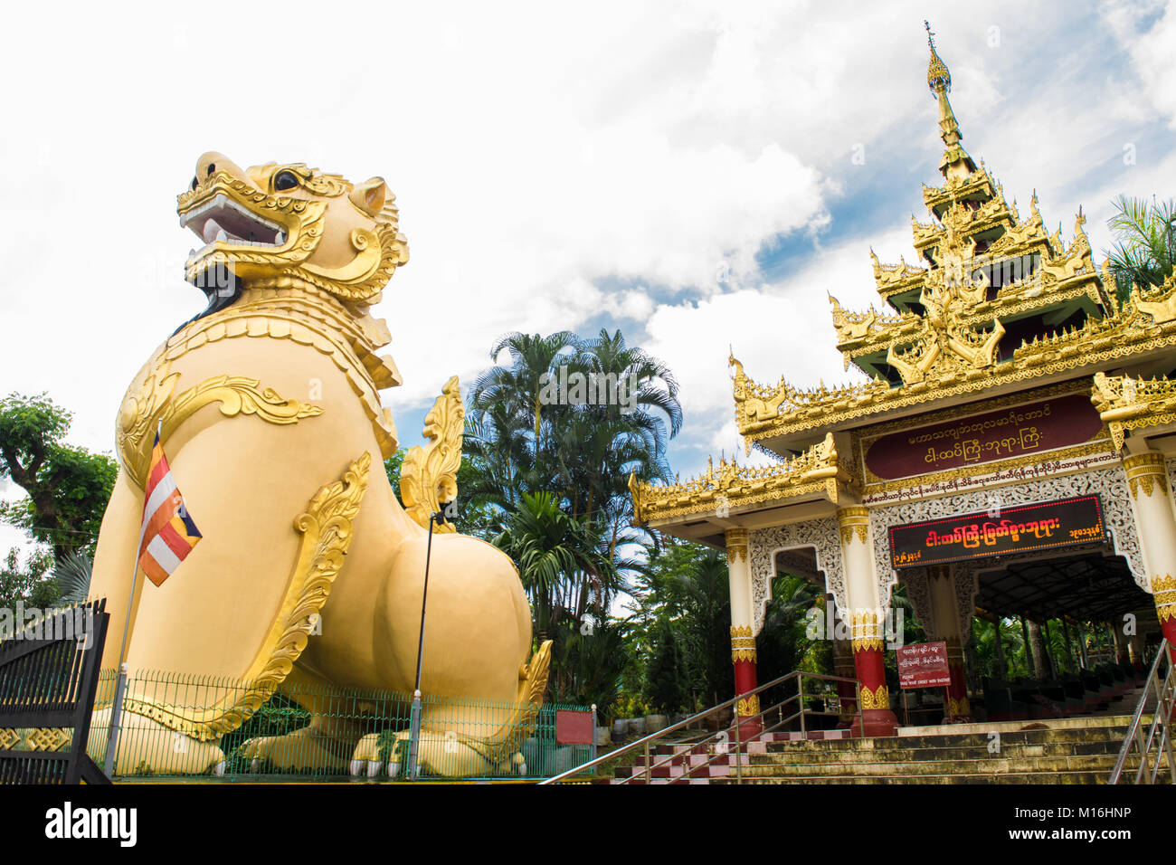 A yellow chinthe statue, leogryph lion-like dragon, standing in front ...
