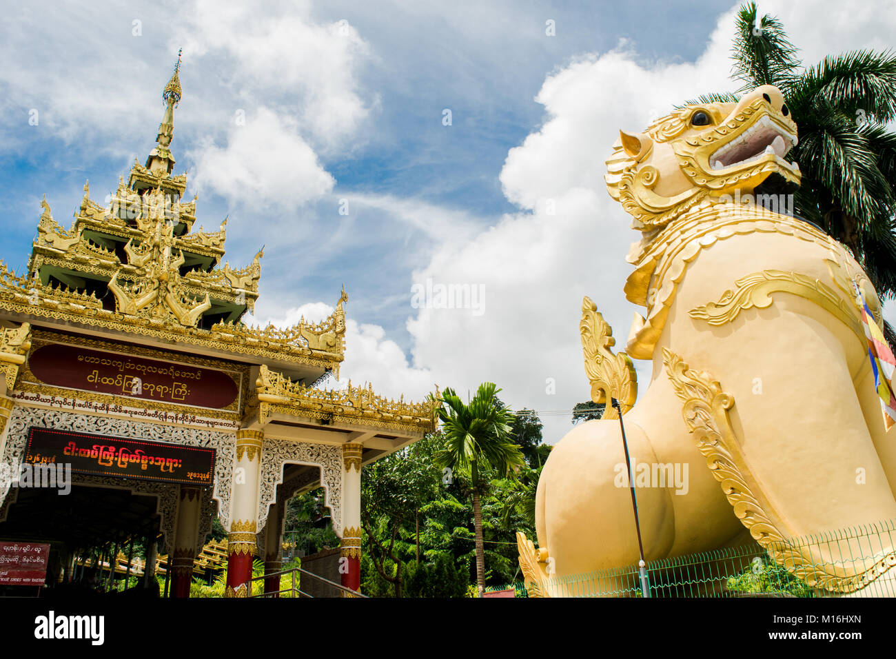A yellow chinthe statue, leogryph lion-like dragon, standing in front ...