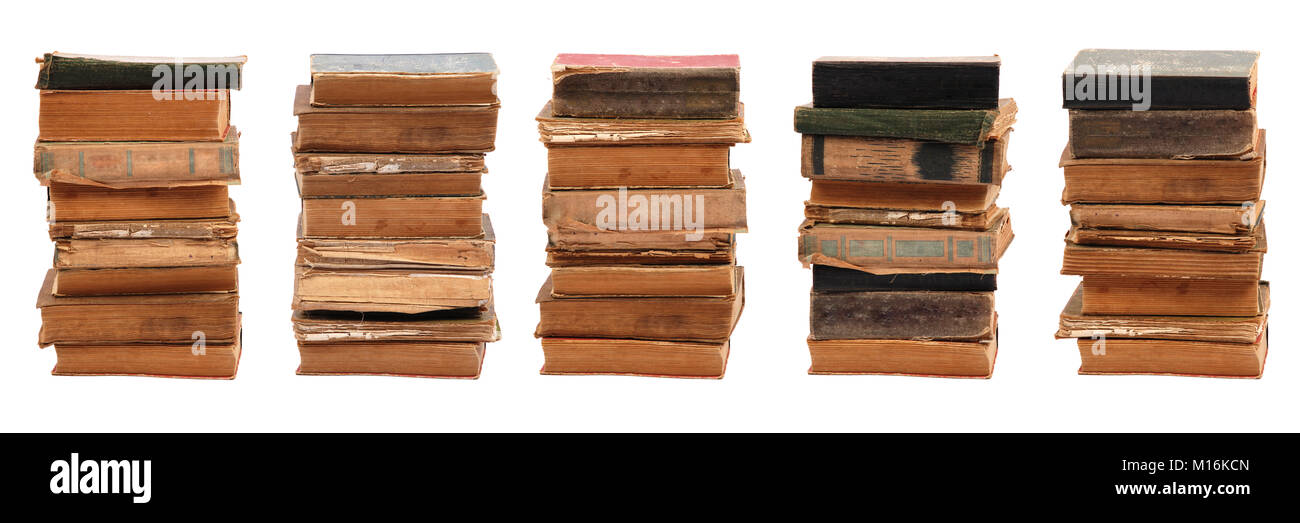 Five stacked old books of different shape and color. Isolated on white ...