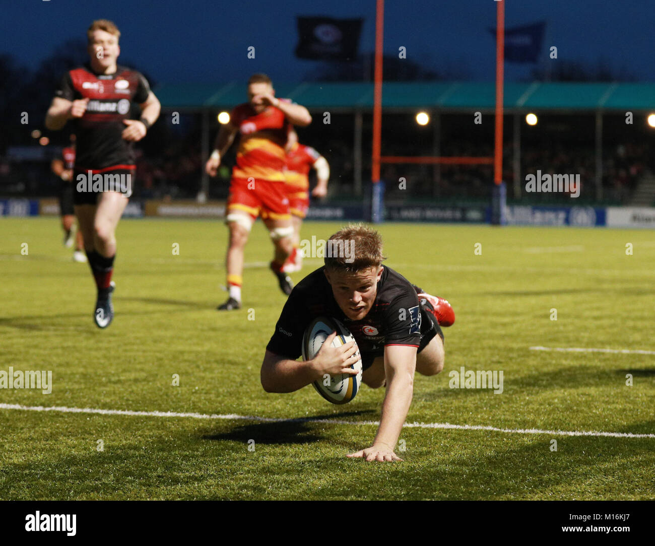 Tom Whiteley of Saracens scores a try during the Anglo-Welsh Cup, pool ...
