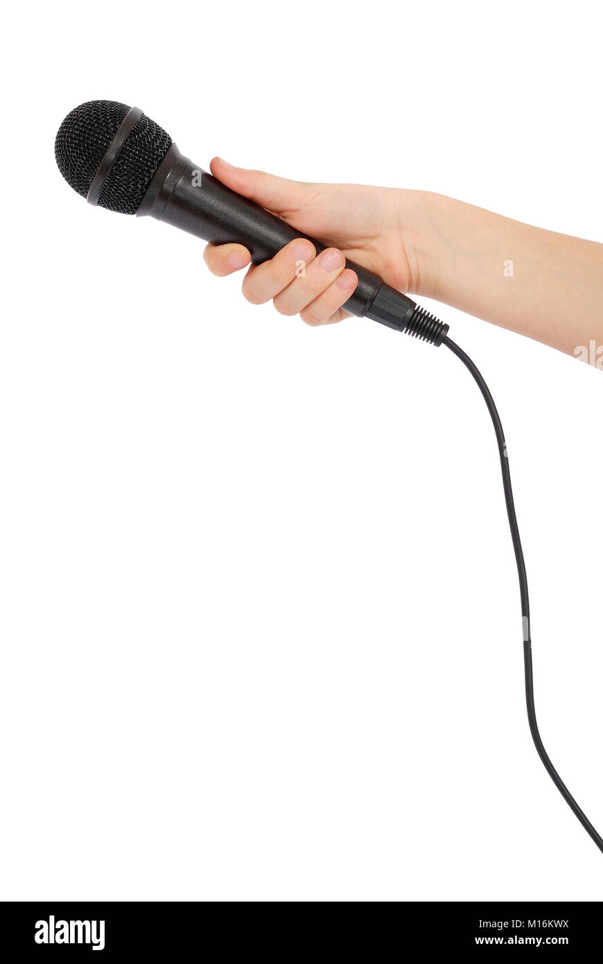 Hand with microphone isolated on white background Stock Photo - Alamy