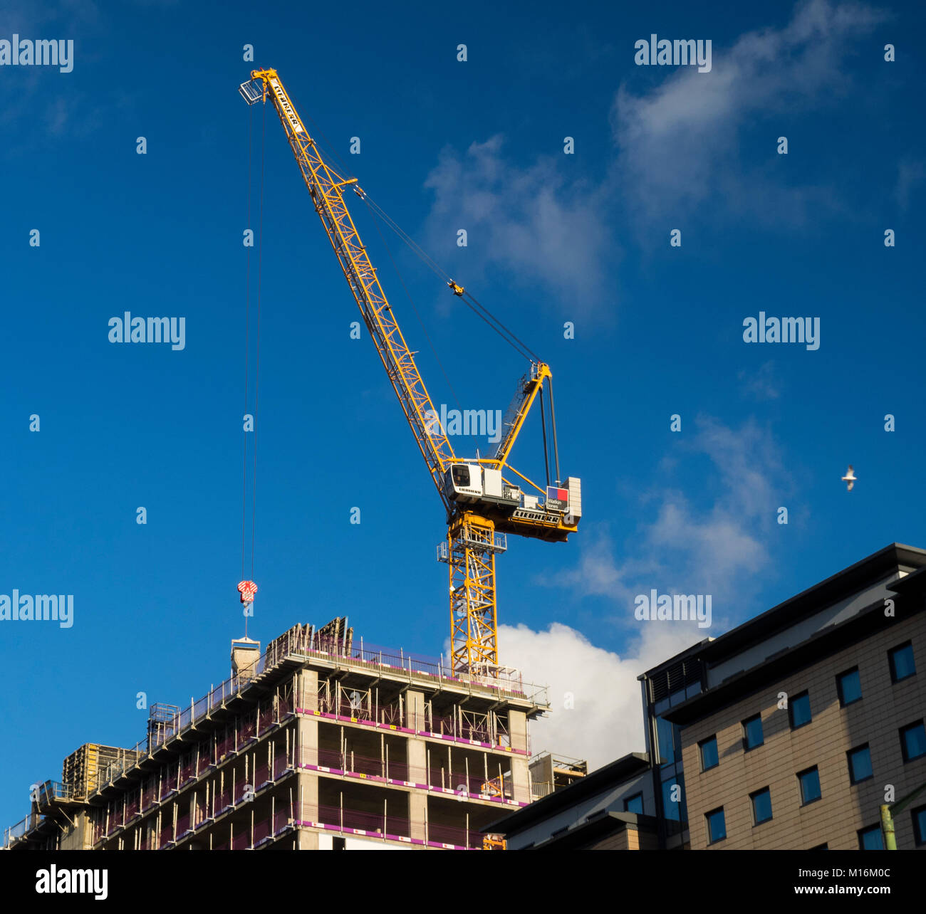 An industrial crane lifting building materials on a high rise building ...