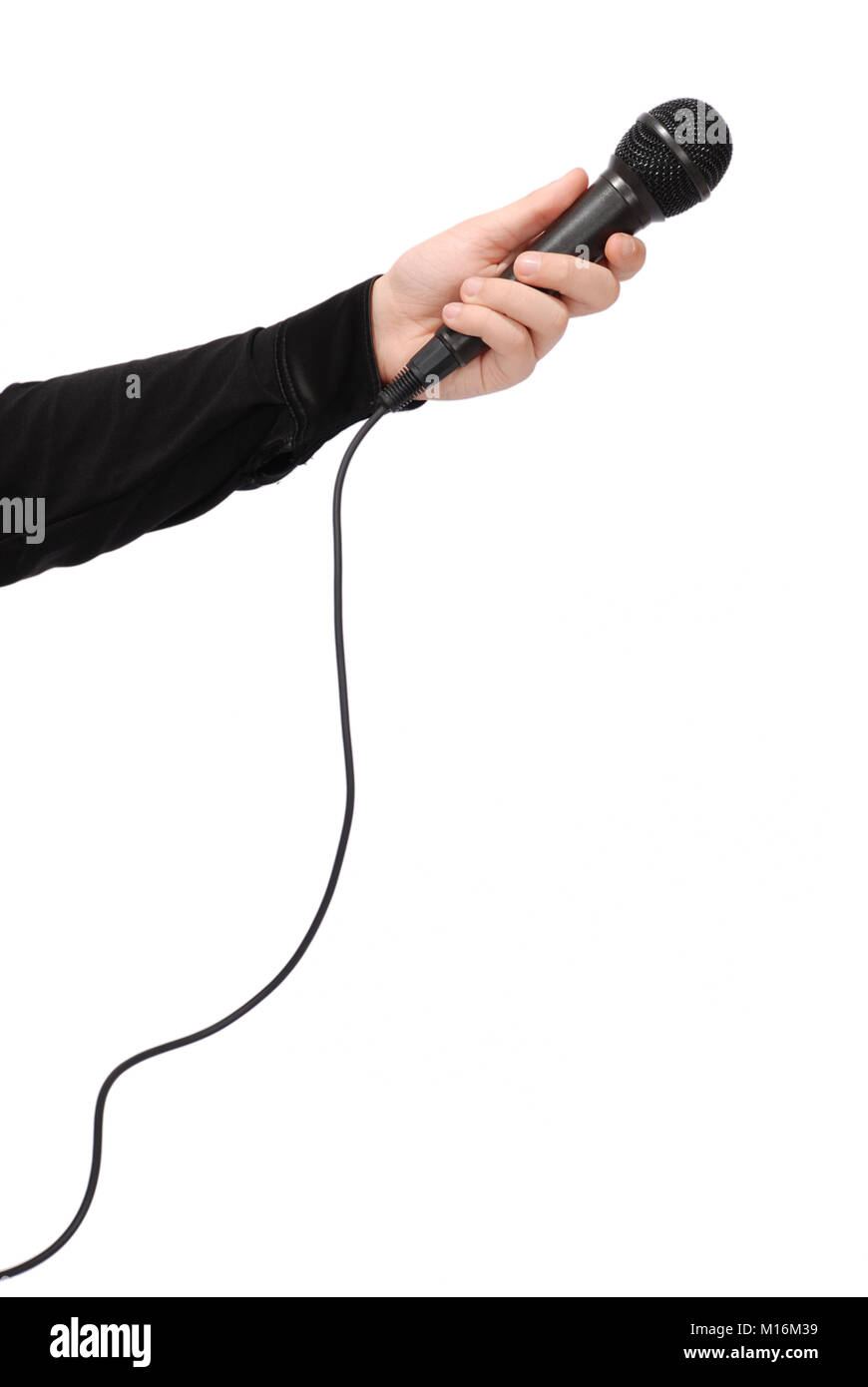 Hand with microphone isolated on white background Stock Photo - Alamy