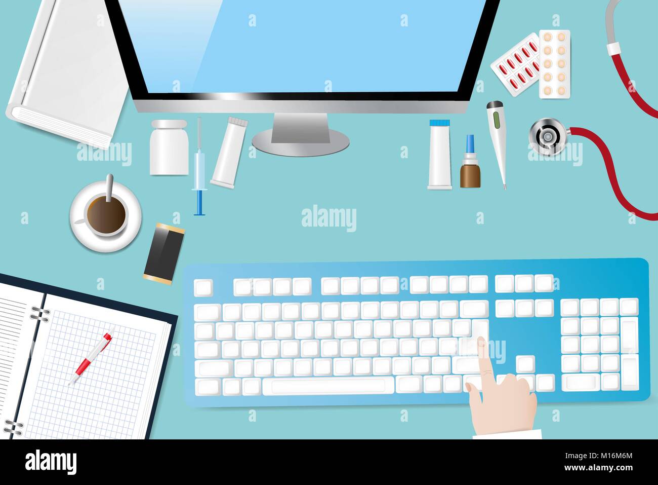 Top view of a medical table with doctor accessories. Finger is touching ...