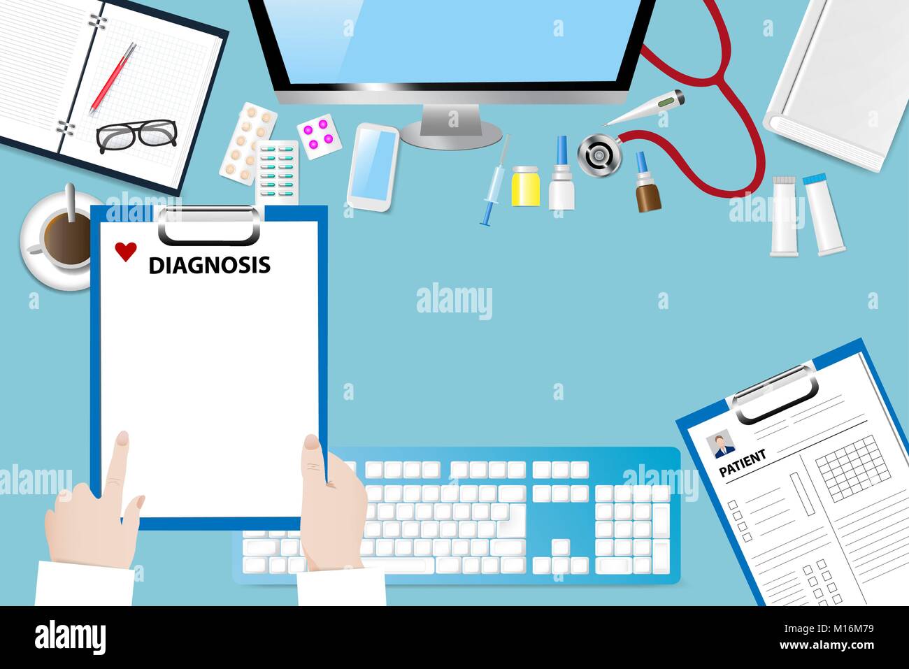 Top view of a medical table with doctor accessories. Doctor is holding ...