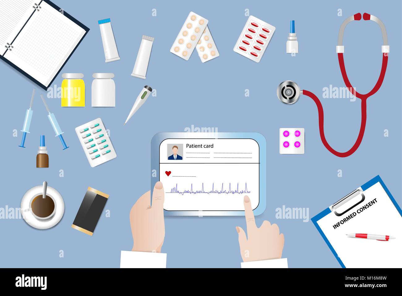 Top view of a medical table with doctor hands holding tablet with ...