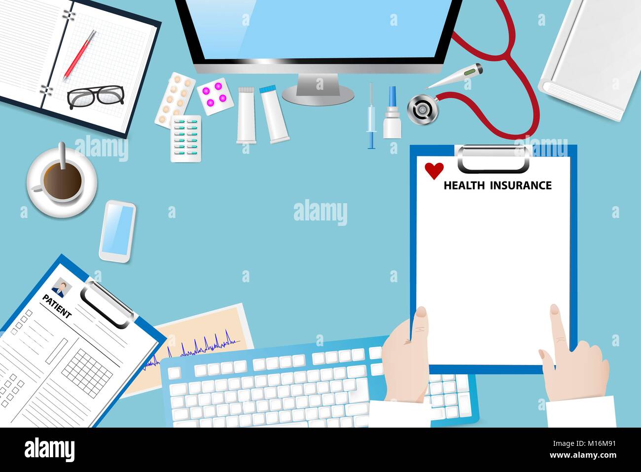 Top view of a medical table with doctor accessories. Doctor is holding ...