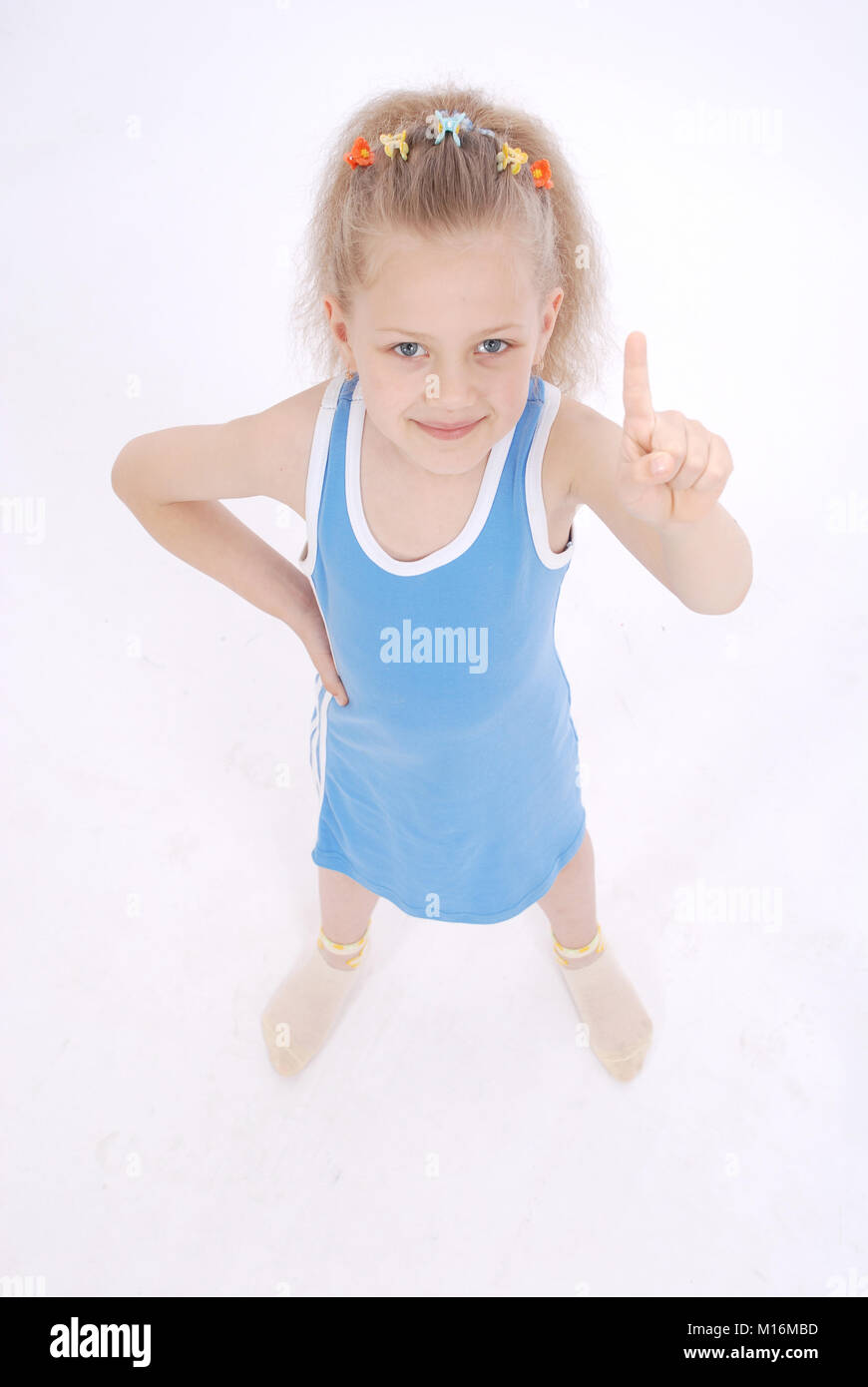 Girl shows one fingers. Top view. Isolated on white background Stock ...