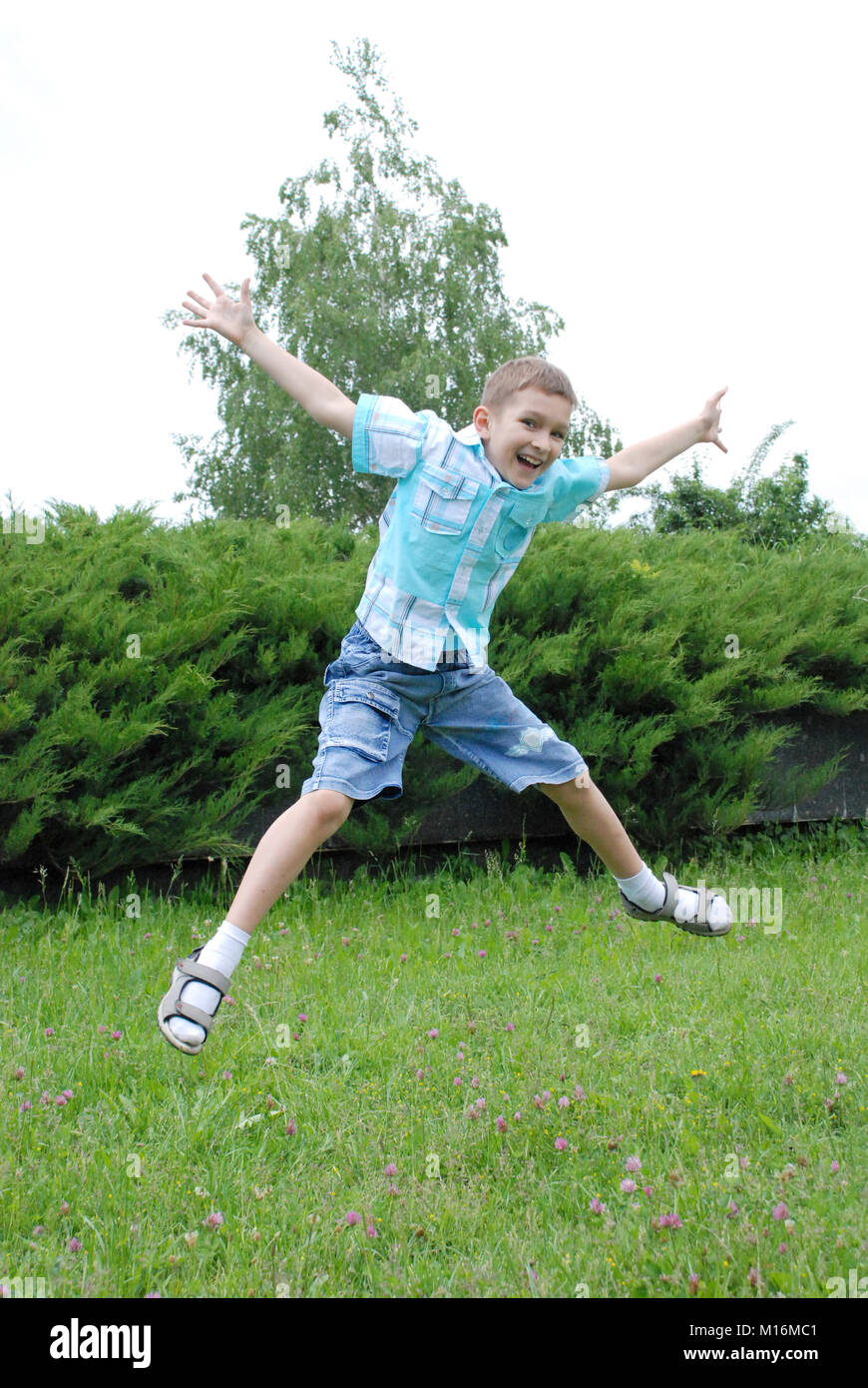 Jumping boy on a background of a bush Stock Photo - Alamy