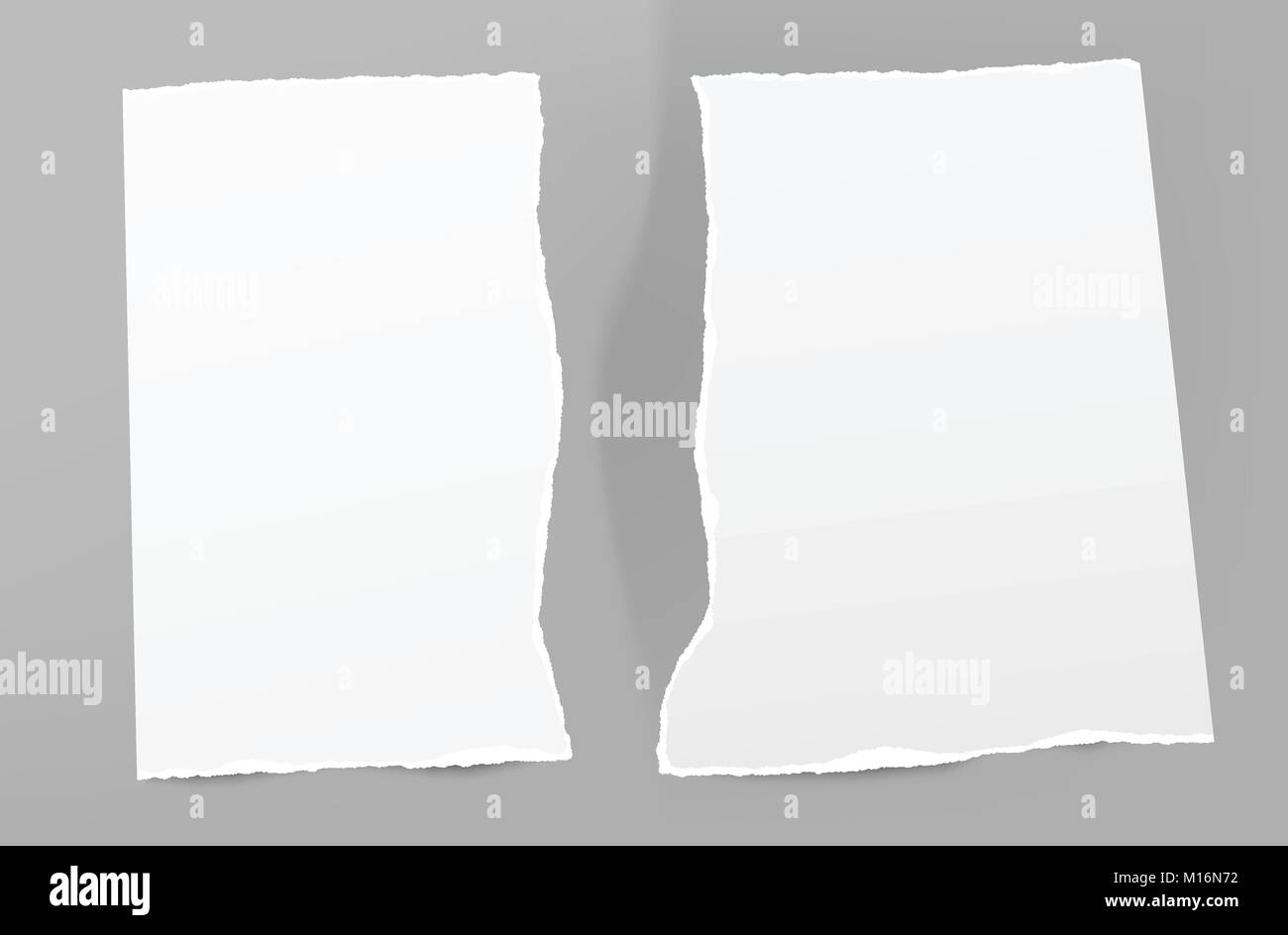 Torn white note, notebook paper sheets stuck on gray crumple background ...