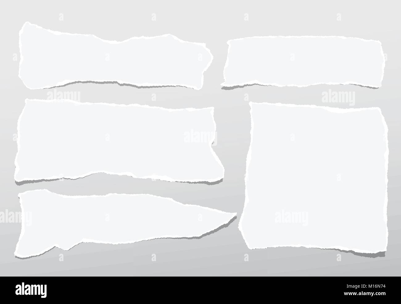 Torn white note, notebook paper strips stuck on gray gradient ...