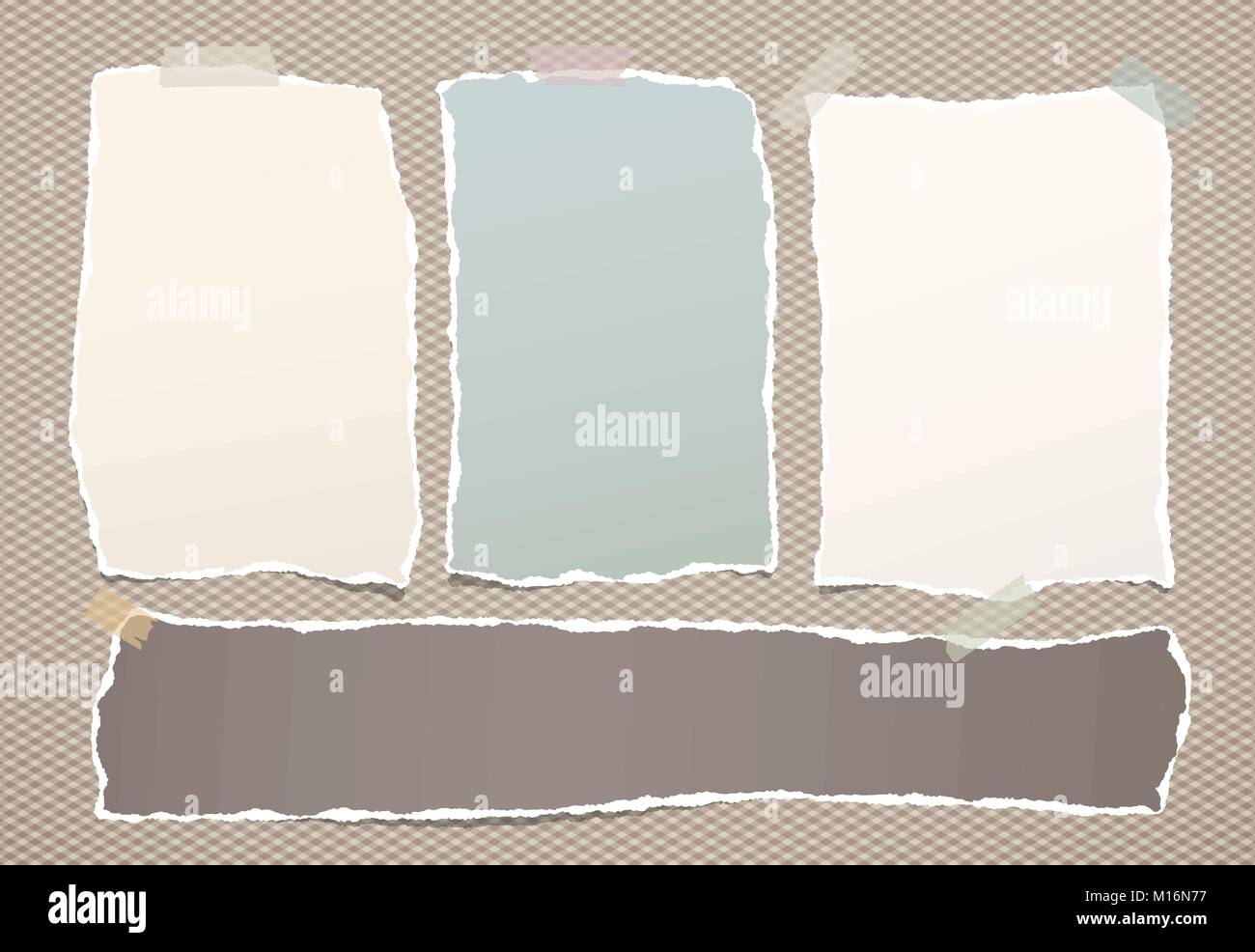 Torn colorful note, notebook paper sheets stuck with sticky tape on ...