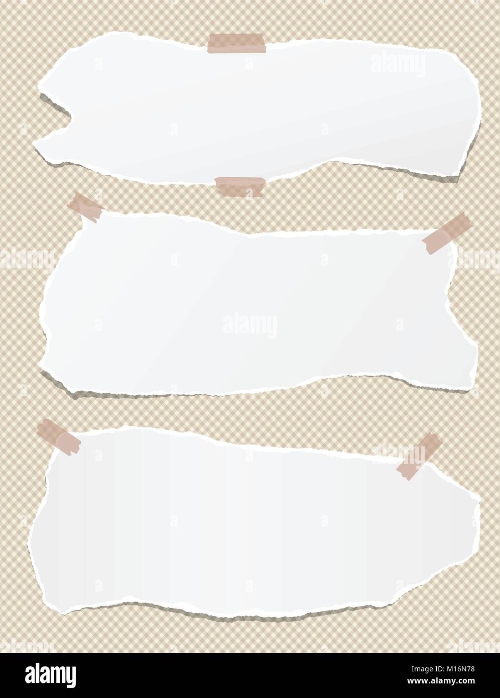 Torn white note, notebook paper strips stuck with sticky tape on ...