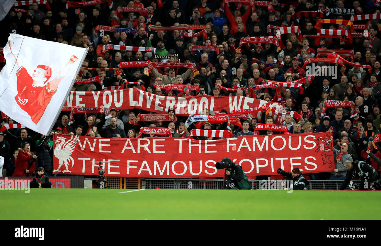 A banner reading 'We Are The Famous The Famous Kopites' in the stands ...