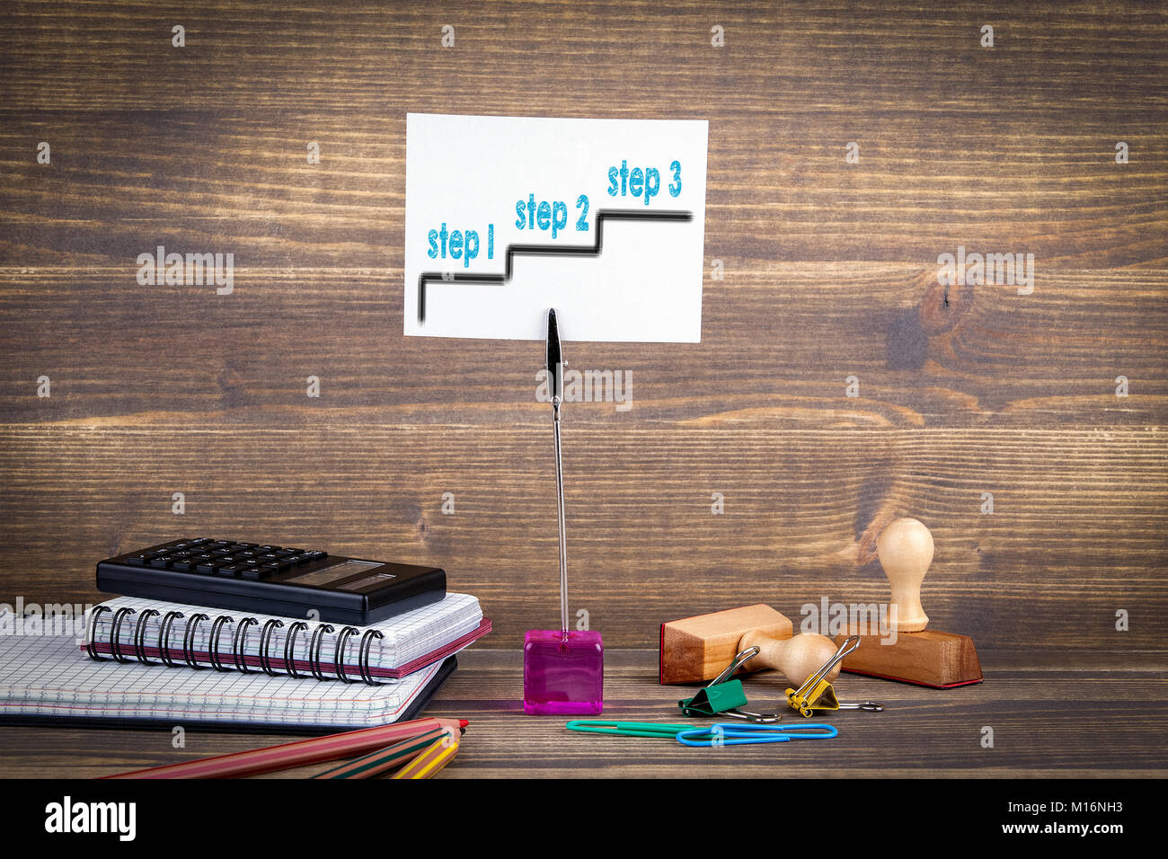 Step 1 - Step 2 - Step 3. work desk. business success background Stock ...