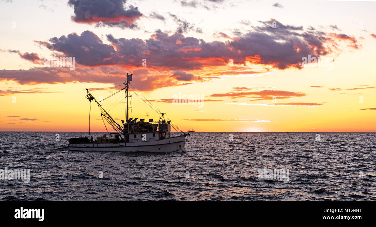 Small ship in sea. Summer day sunset. Panoramic view Stock Photo - Alamy