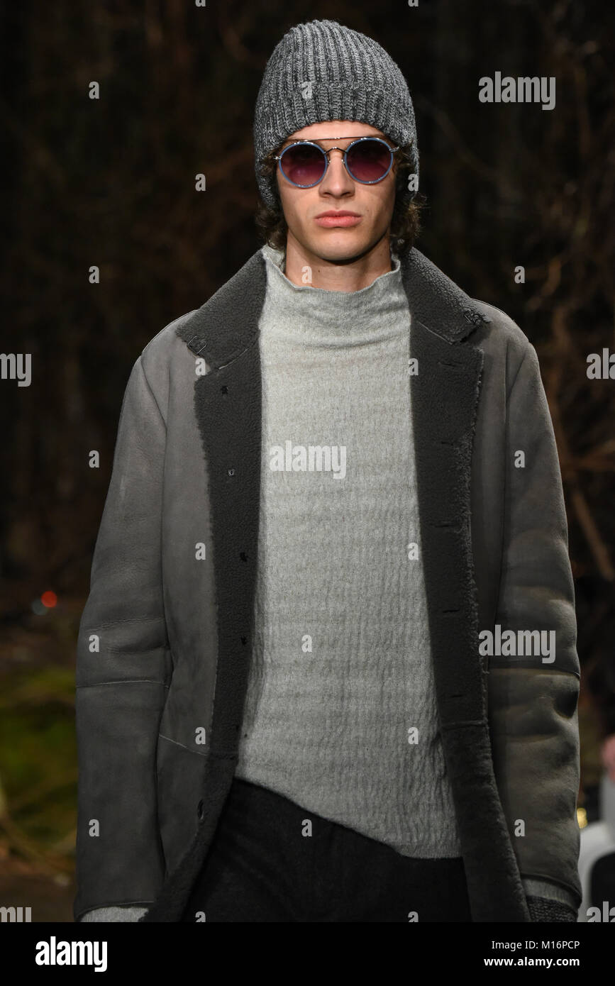 NEW YORK, NY - JANUARY 26: Jack Page walks the runway wearing John ...